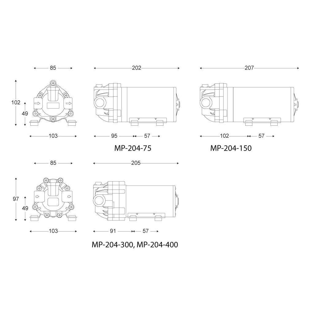 MP-204-150/24V DC Membranpumpe 1,4L/min 150 GPD 24V DC, 56,37